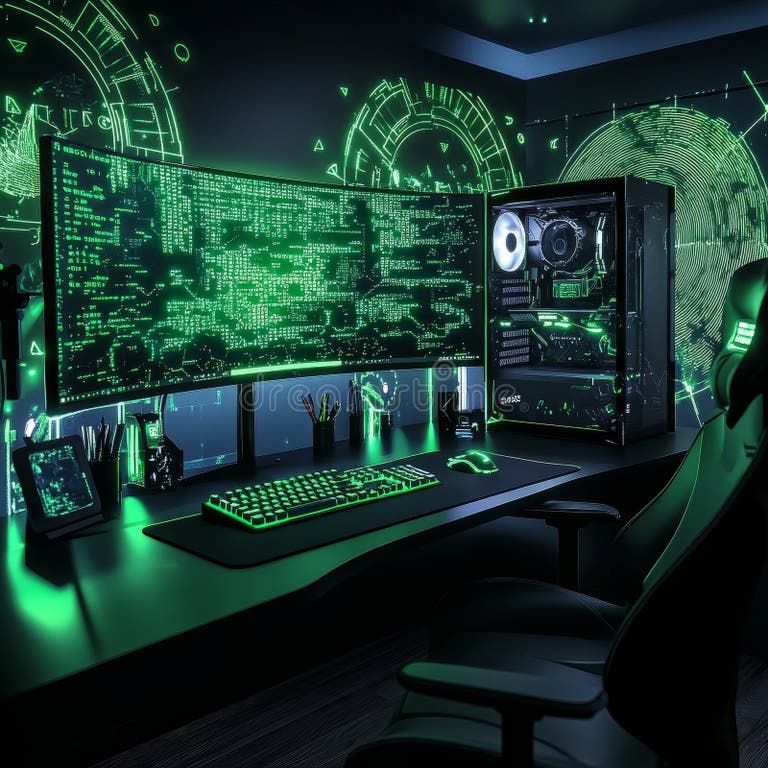 An Ergonomic Desk with a Keyboard, Mouse, Monitors, and Chair Stock ...