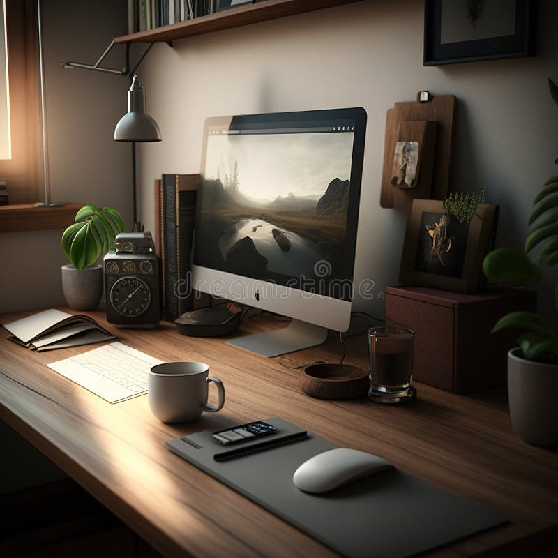 Ergonomic Oasis a Modern Workspace Abloom with Technology Stock ...