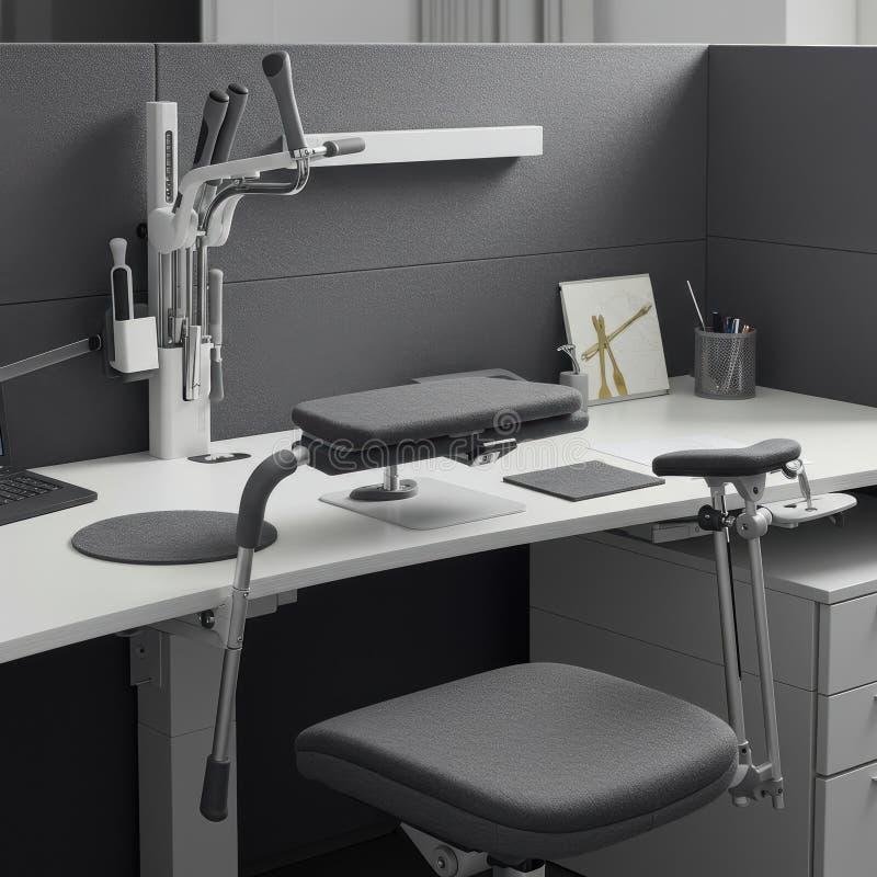Ergonomic Office Desk Setup with Adjustable Armrests and Accessories Stock Illustration ...