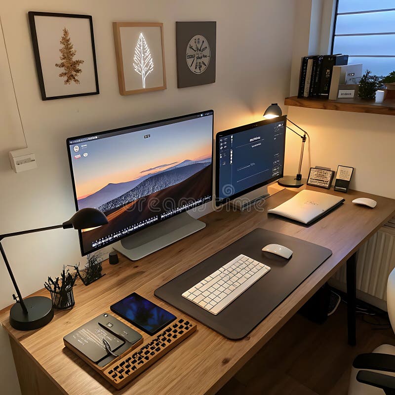 Ergonomic Workspace with Multiple Screens and Tablet Stock Illustration ...