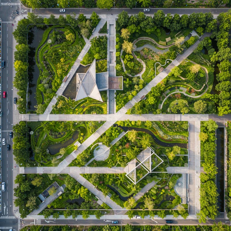Erial View of a Landscaped Urban Park with Geometric and Curvilinear ...