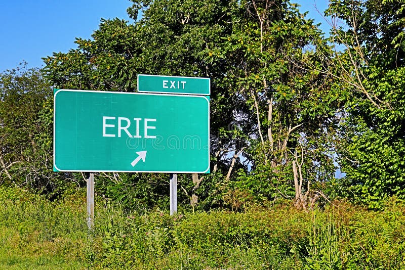 US Highway Exit Sign for Erie Stock Photo - Image of driving, drive ...
