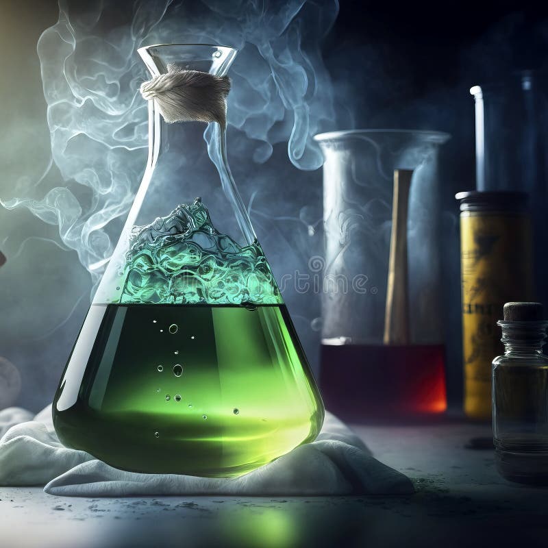 Erlenmeyer Flask with a Green Bubbling Boiling Rushing Vaporous Liquid ...
