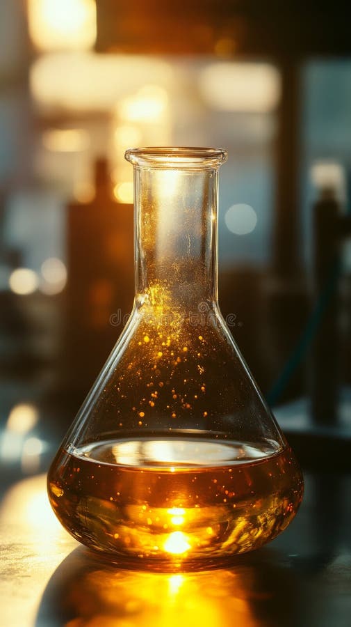 Erlenmeyer Flask with Orange Liquid at Sunset in Laboratory Stock Image ...