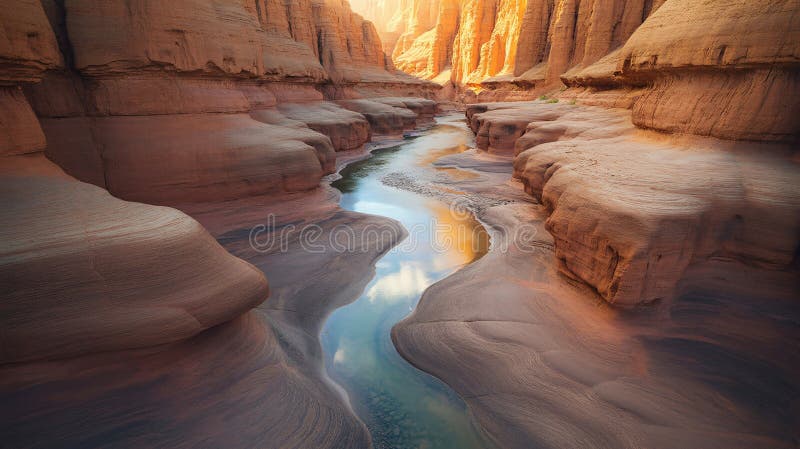 Serene Canyon Landscape with Gentle Water Flowing through Eroded Rock ...
