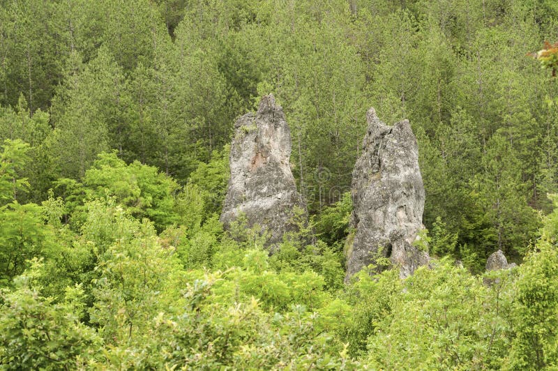 Eroded rocks in mountains stock image. Image of foliage - 73053461