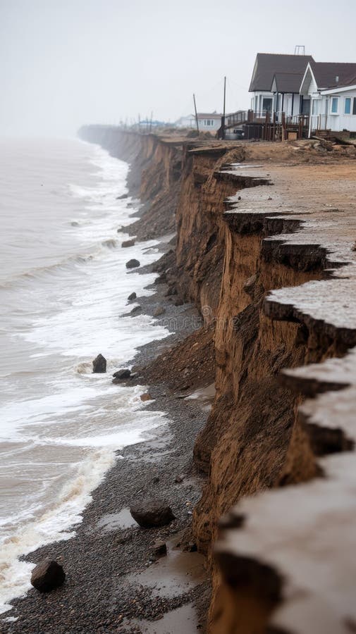 Eroding Coastal Cliff with Houses at Risk, Debris Falling into Sea Stock Illustration ...
