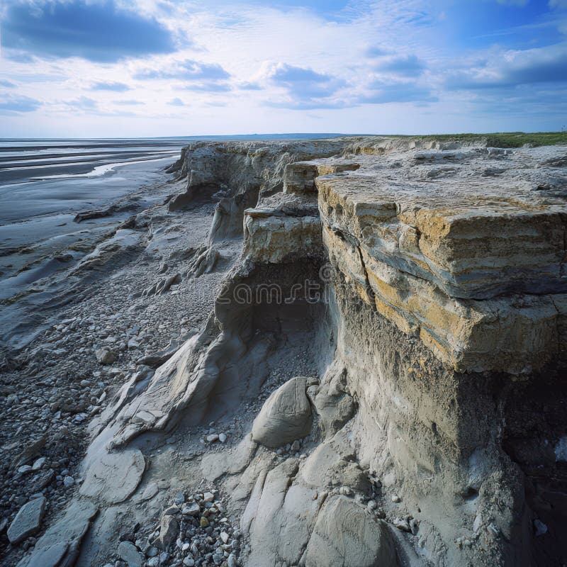 Eroding Coastal Cliffs during Low Tide Under a Cloudy Sky in Summer ...