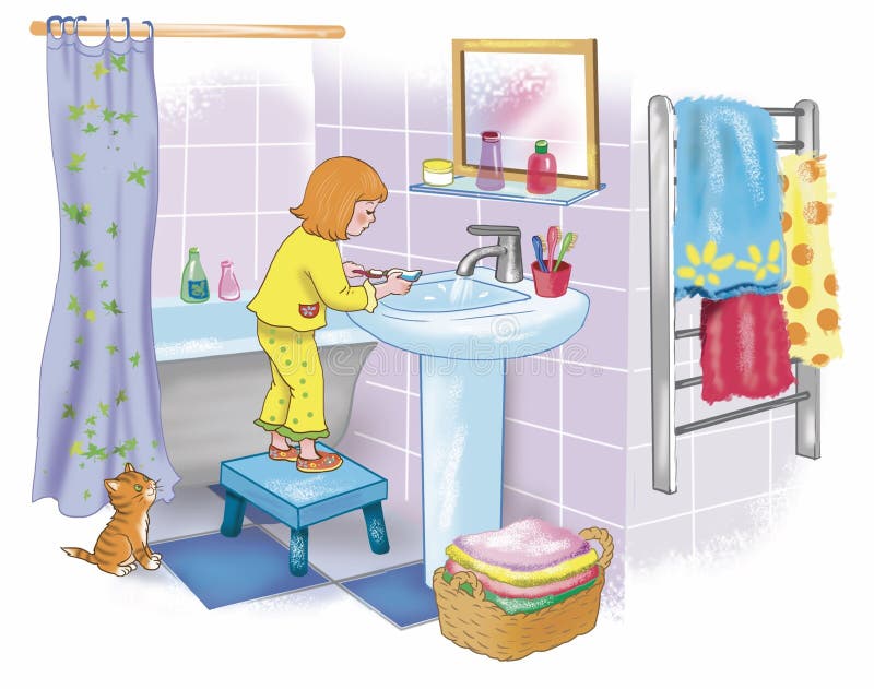 Cartoon Girl Brushing Teeth in the Bathroom Stock Illustration ...