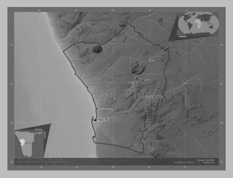 Erongo, Namibia. Grayscale. Labelled Points of Cities Stock ...
