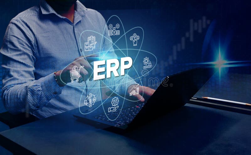 Businessman Analyzes ERP Cloud Software on a Virtual Screen Using His ...