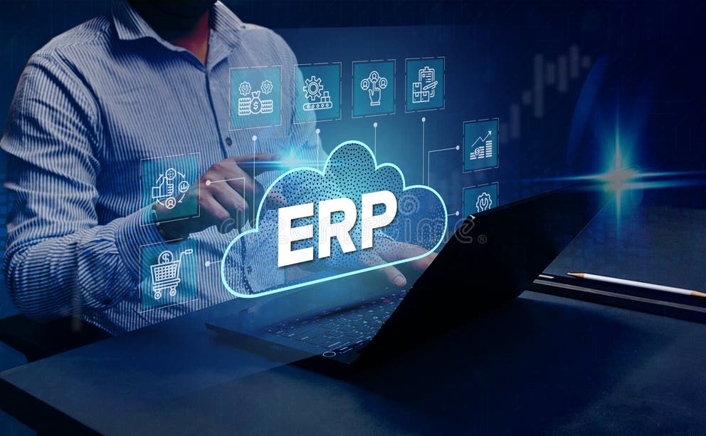 Businessman Analyzes ERP Cloud Software on a Virtual Screen Using His ...