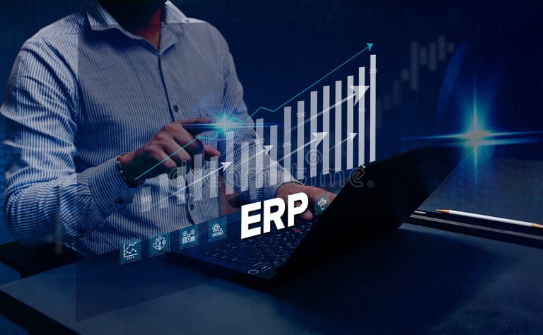 A Businessman Analyzes ERP Cloud System Software on a Virtual Screen ...