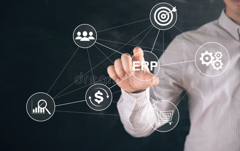 ERP and Icons on a Virtual Screen Stock Image - Image of hand, tapping ...