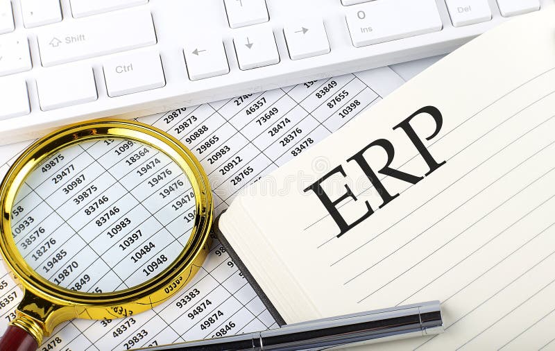 ERP Text on Notebook with Chart, Magnifier,keyboard and Pen Stock Image ...