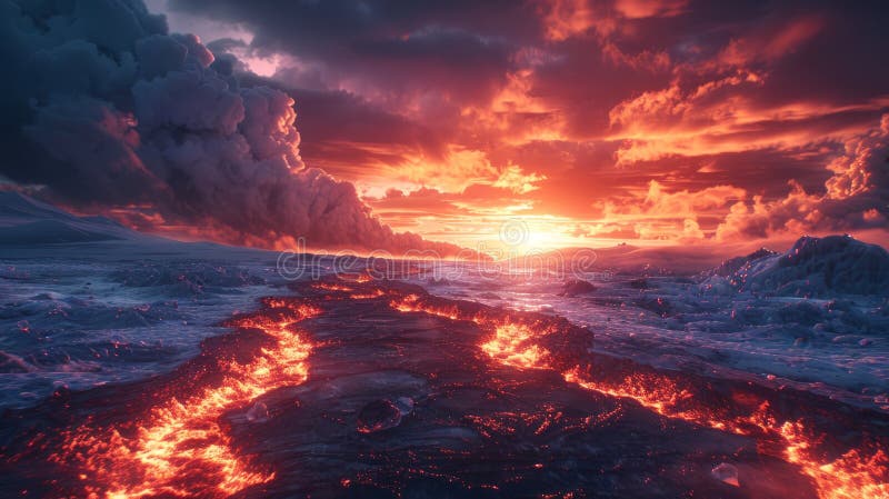 Erupting Lava Flows Under a Dramatic Sunset with Swirling Clouds Over ...