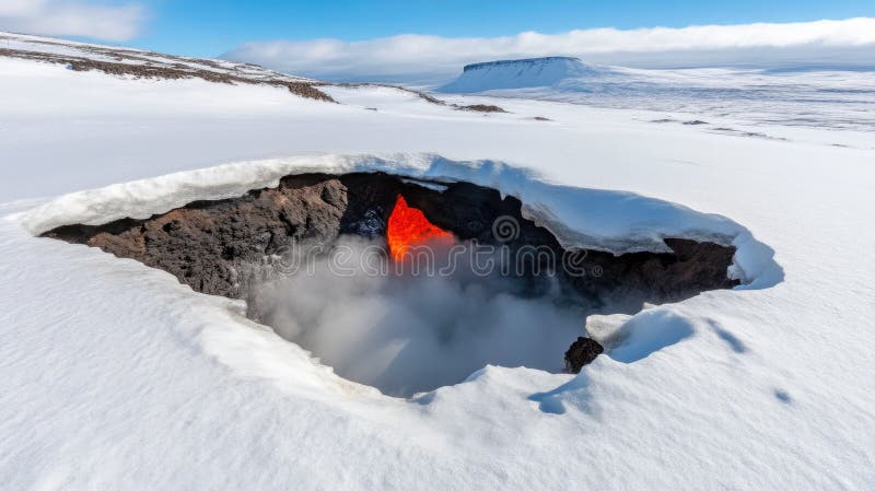 Erupting Lava Turns Snow To Steam. Stock Illustration - Illustration of ...