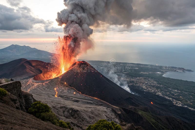 Erupting Stromboli from Pizzo Stock Illustration - Illustration of fire ...