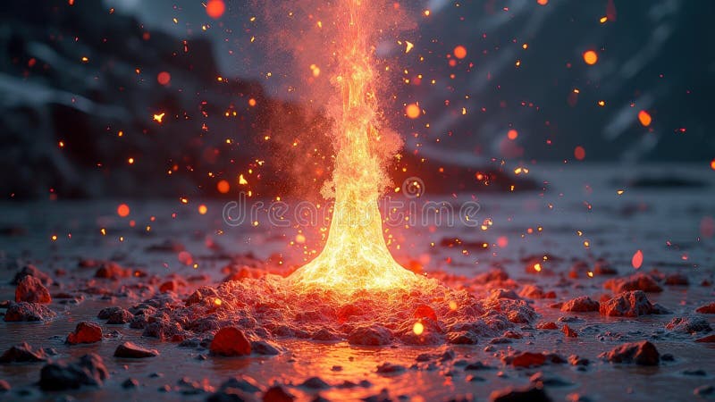 Erupting Volcano Amidst Rocky Terrain with Sparks and Ash in Dusk Stock ...