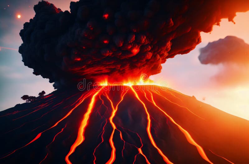 Erupting Volcano. Big Powerful Explosion from Volcano. Generative AI ...