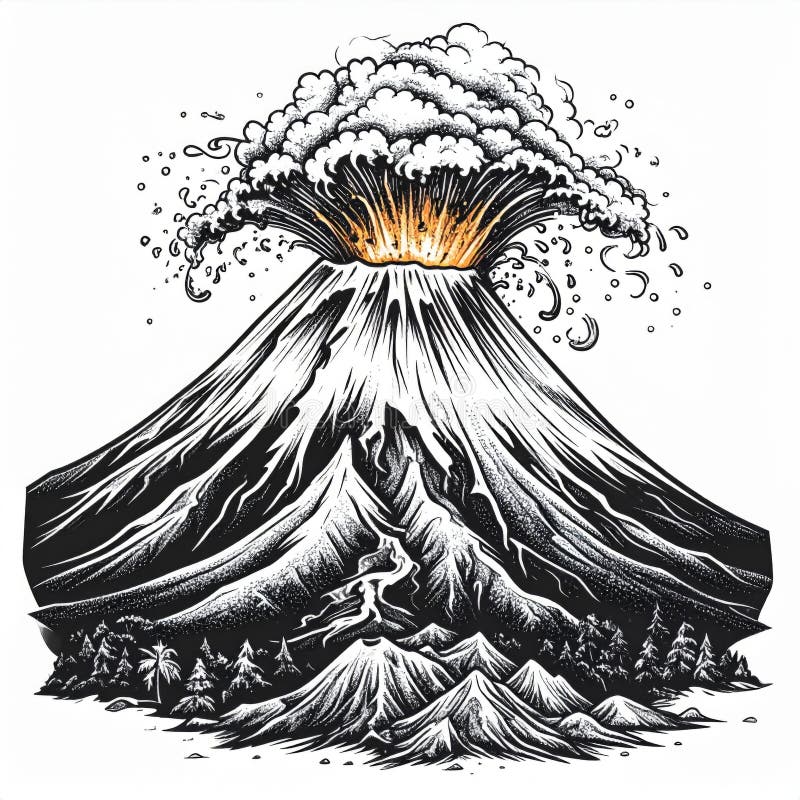 Erupting Volcano with Black and White Landscape Illustration and Forest ...
