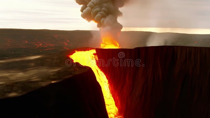 Erupting Volcano with Bright Orange Lava Flowing Down the Side and ... Erupting Volcano with Bright Orange Lava Flowing Down the Side and ...