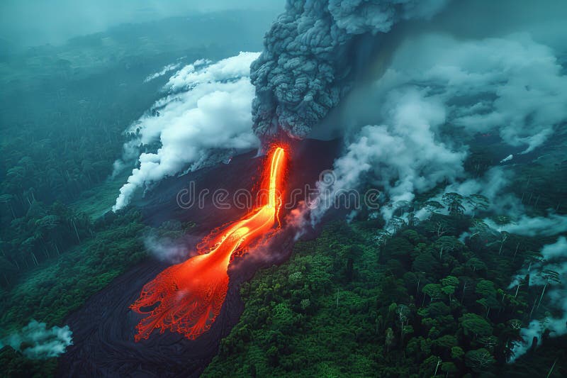 An Erupting Volcano, Centered in Frame, Glowing Red and Orange Lava ...