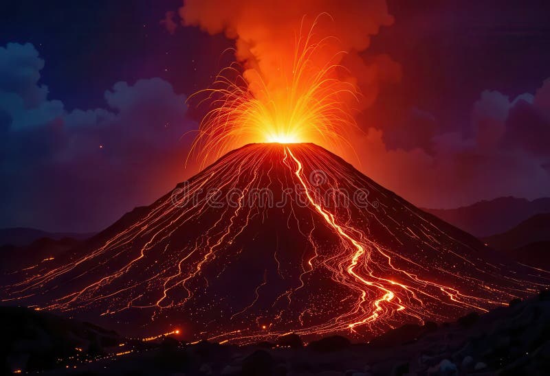 Erupting Volcano Displays Lava and Ash Clouds during a Vibrant Sunset ...