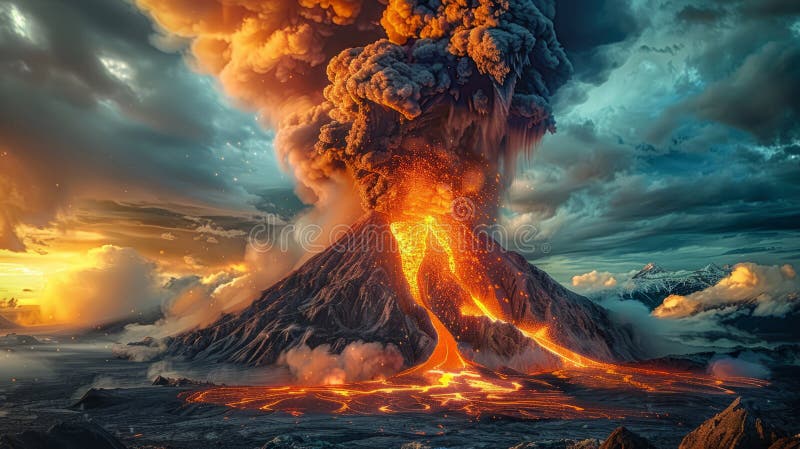 Erupting Volcano with Dramatic Clouds and Lava Stock Illustration ...