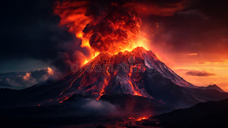 Erupting Volcano, Dramatic Landscape Scenery Stock Illustration ...