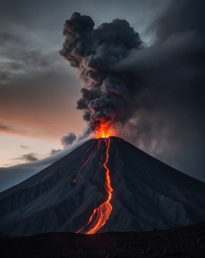 Erupting Volcano at Dusk with Fiery Lava and Dramatic Clouds Stock ...