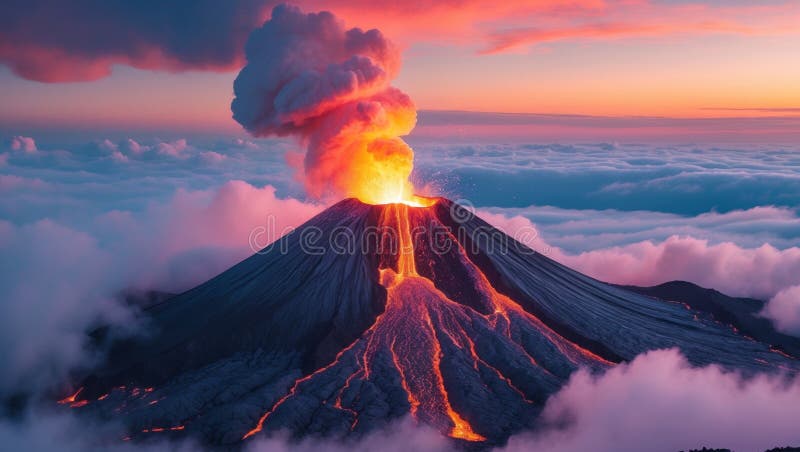Erupting Volcano at Dusk with Fiery Lava and Dramatic Clouds Stock ...