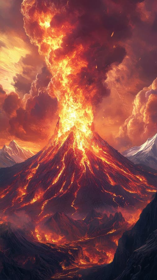 Erupting Volcano with Fiery Lava and Dramatic Clouds Stock Photo ...