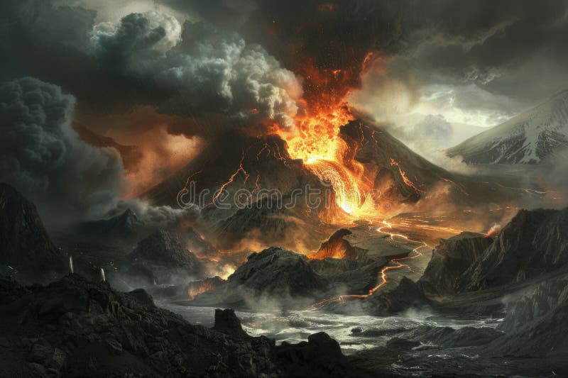 Erupting Volcano with Fiery Lava Flow and Dark Clouds in Dramatic ...
