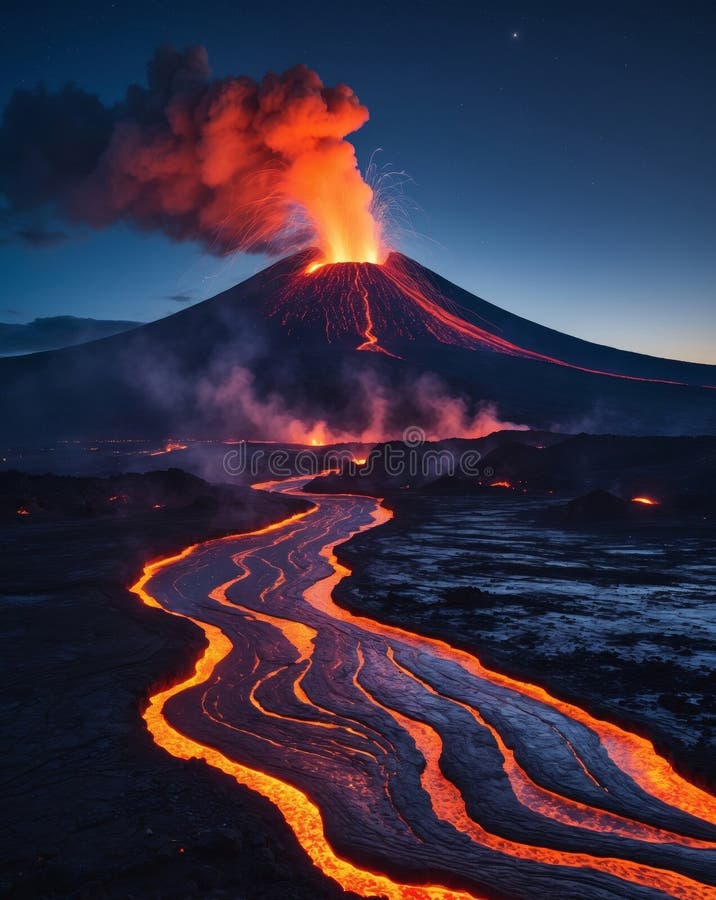 Erupting Volcano Fiery Lava Flow Night Scene Stock Photo - Image of ...