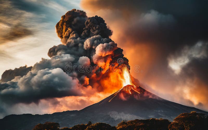 Erupting Volcano with Fire and Smoke Stock Illustration - Illustration ...