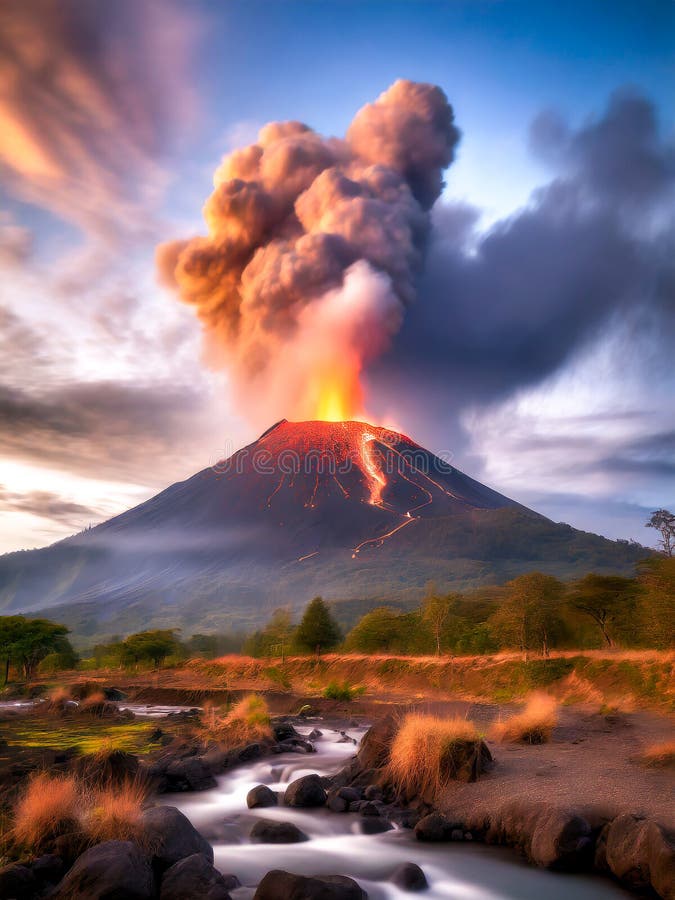 Erupting Volcano with Fire and Smoke Stock Illustration - Illustration ...