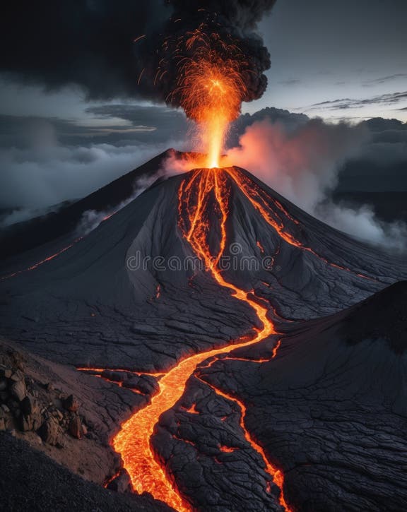Erupting Volcano with Glowing Lava Flowing Down Stock Image - Image of ...