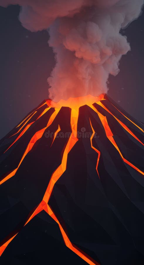 Erupting Volcano with Glowing Lava and Smoke Against Dark Sky Stock ...