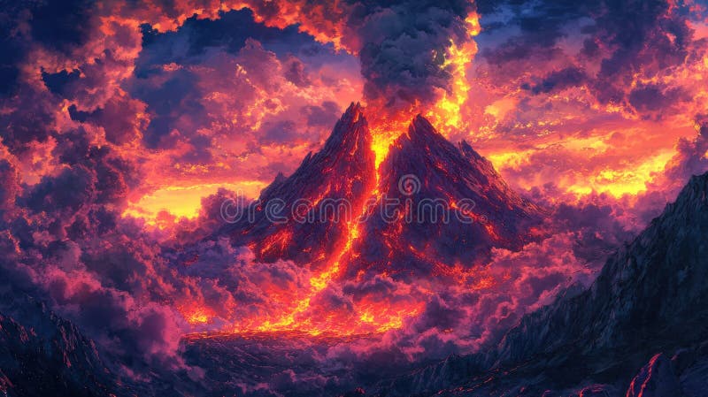 Erupting Volcano with Glowing Lava Surrounded by Dramatic Clouds in ...