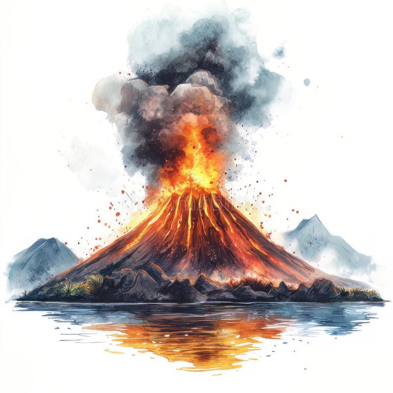 Erupting Volcano with Lava and Ash, White Isolate Background Stock ...