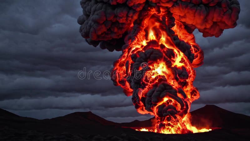Erupting Volcano with Lava Flow and Ash Clouds in Dramatic Landscape ...
