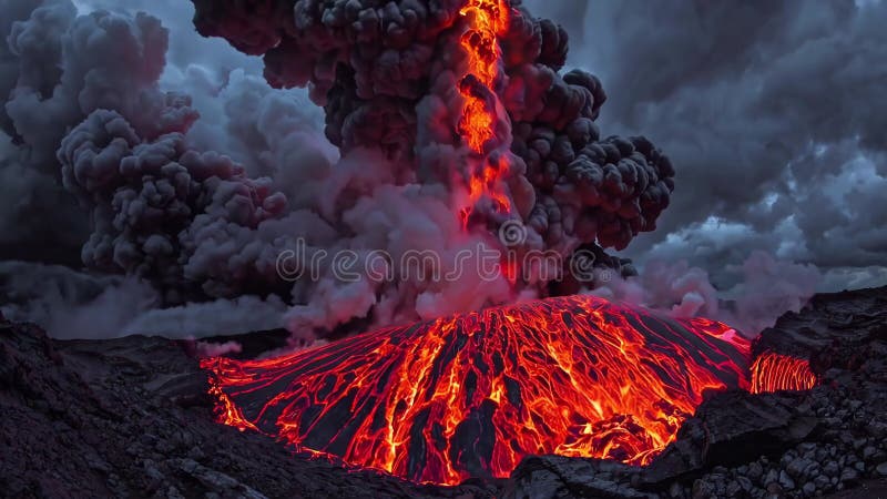 Erupting Volcano with Lava Flow and Ash Clouds in Dramatic Landscape ...