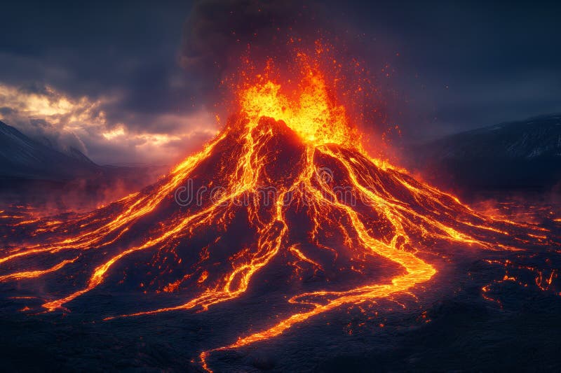Erupting Volcano Lava Flow Dramatic Night Landscape Scene Stock ...