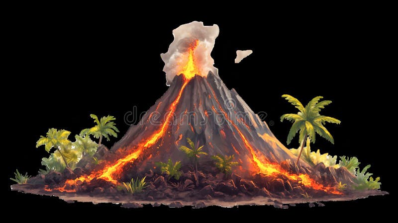 Erupting Volcano with Lava Flow and Palm Trees Stock Illustration ...