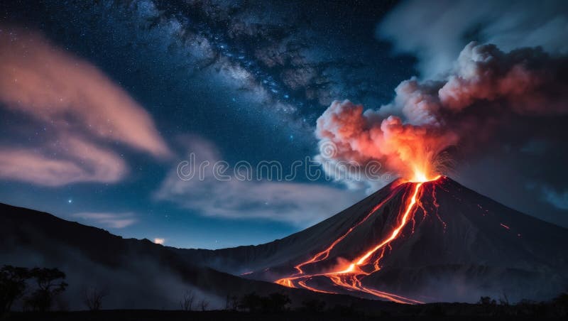 Erupting Volcano with Lava Flow Under a Starry Night Sky. Stock Photo ...