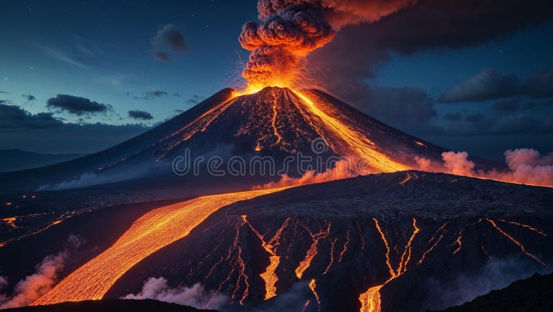Erupting Volcano with Lava Flowing Downside in a Dark Landscape at ...