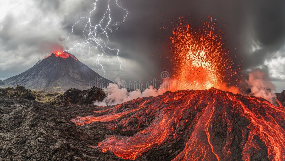 Erupting Volcano at Night Creates a Dramatic Scene in the Natural ...