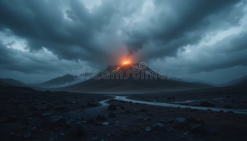 Erupting Volcano at Night stock illustration. Illustration of moody ...
