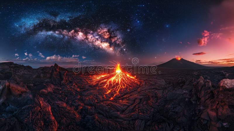 Erupting Volcano at Night with Flowing Lava. Stock Photo - Image of ...